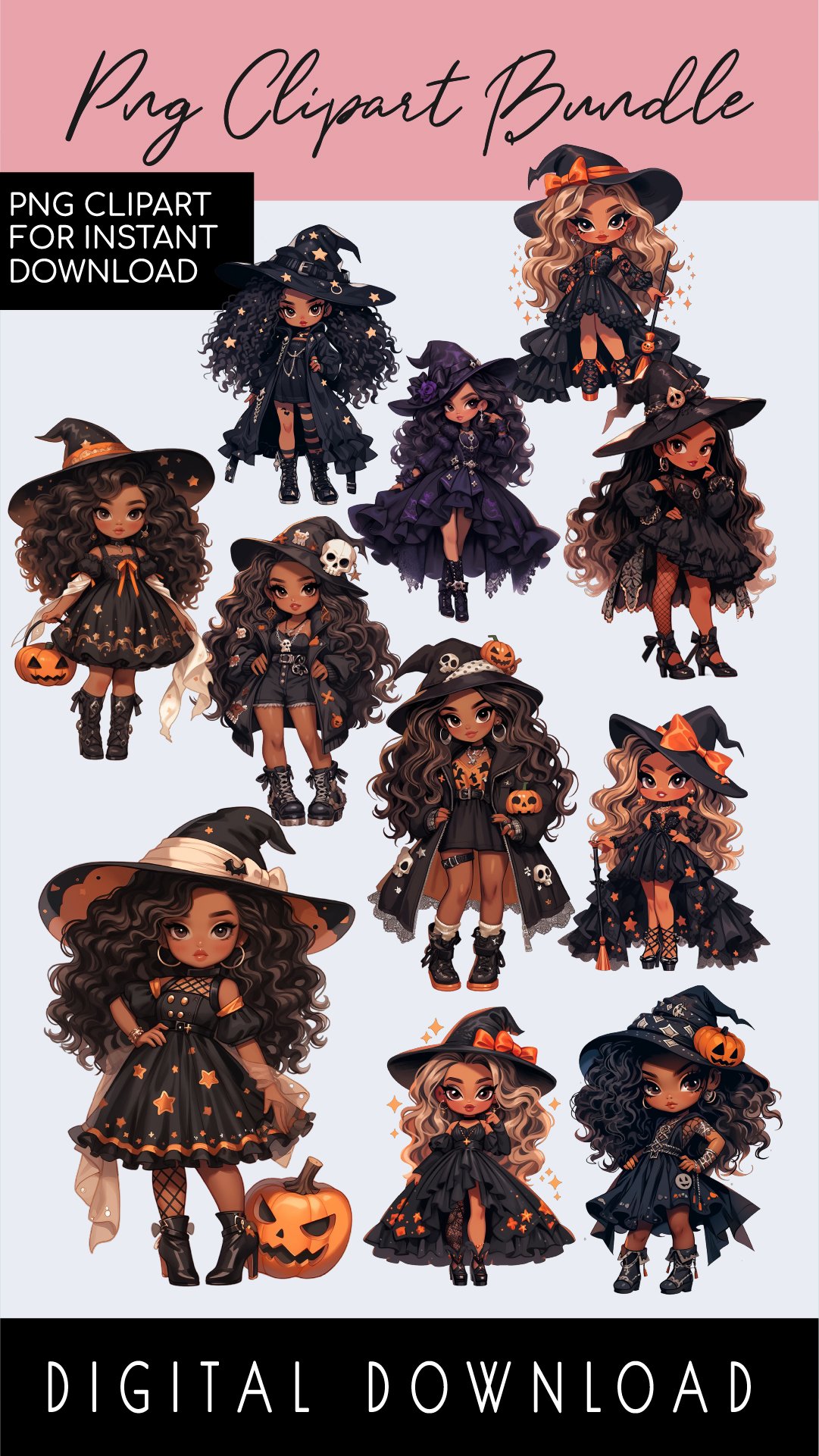 Cute Witch Clipart, Halloween Sublimation, Chibi Girl PNG