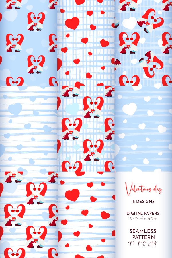 Valentines day digital paper. Gnome valentine. pattern