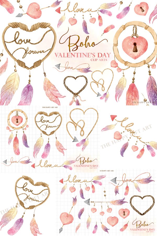 Boho Valentine's day clipart, Valentine's day illustration