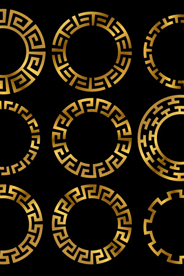 Golden ancient greek round frame ornament set