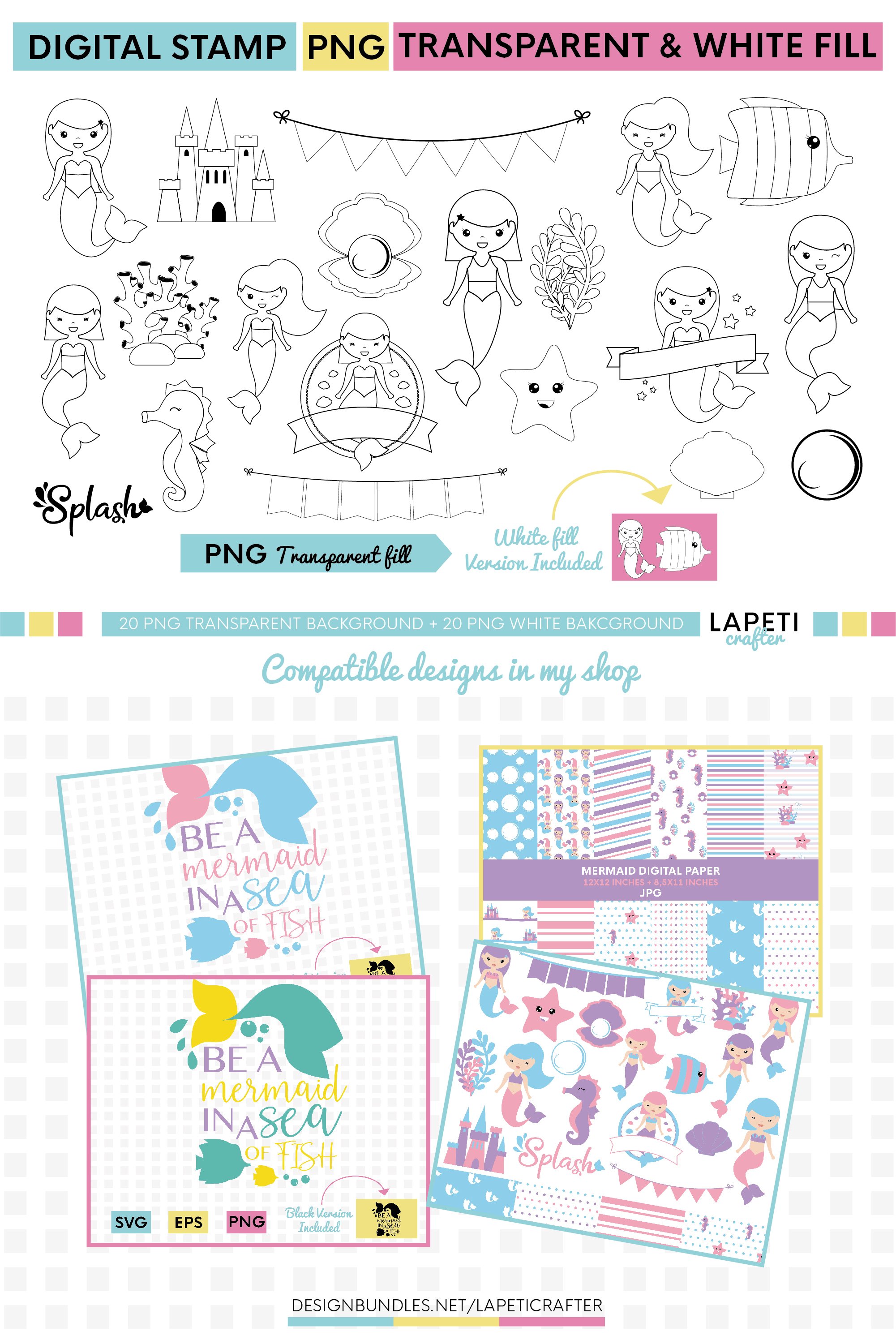 Mermaid digi stamps, mermaid coloring clipart, mermaid png