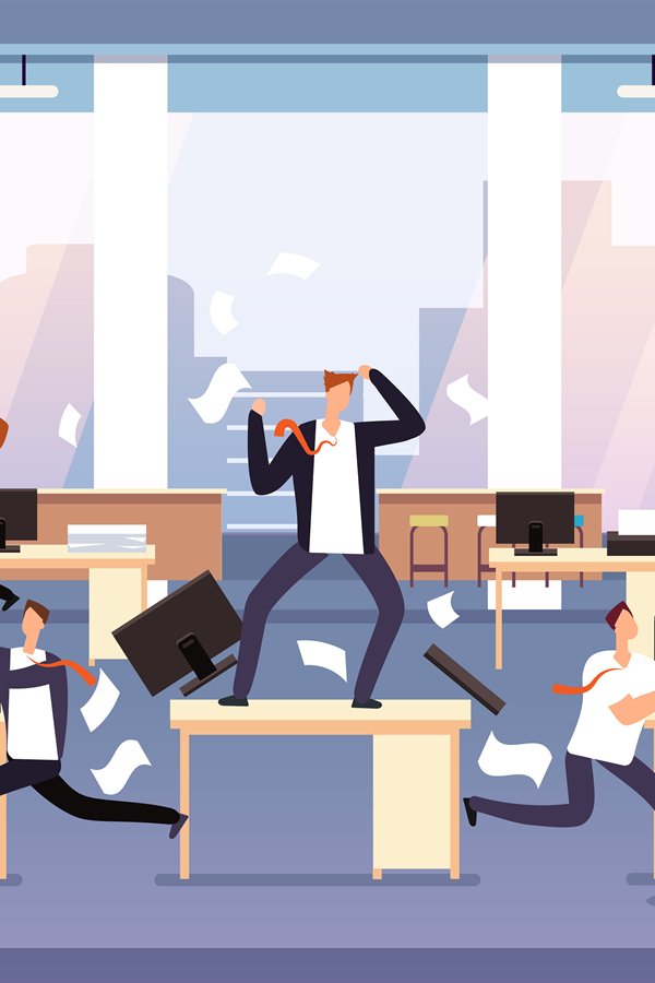Angry boss. Chaos in office with employees in panic. Busines