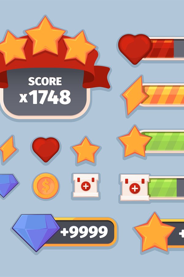 Game ui. User interface items flat panels icons buttons fram