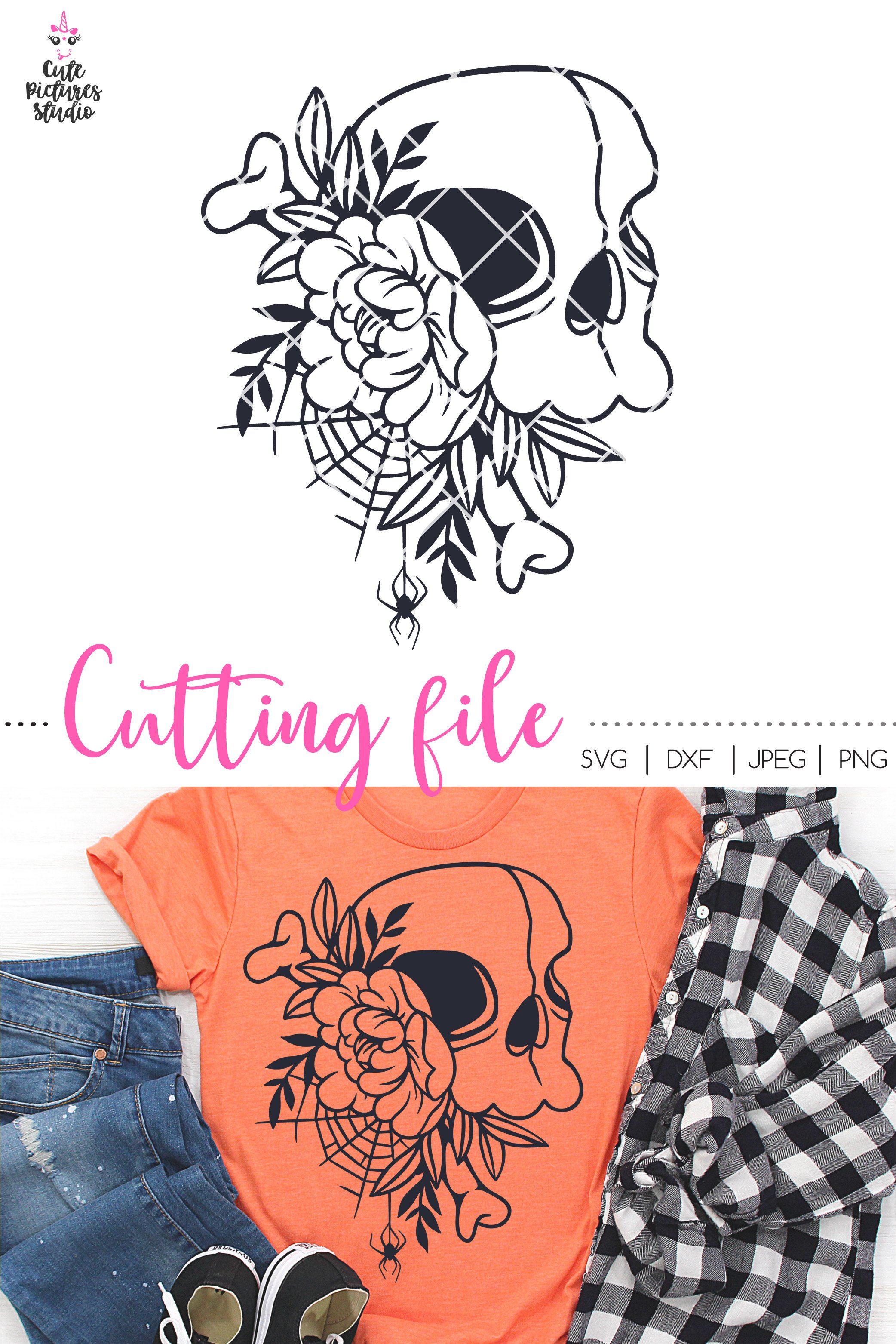 Human skull with peony flower svg cut file, Floral skeleton