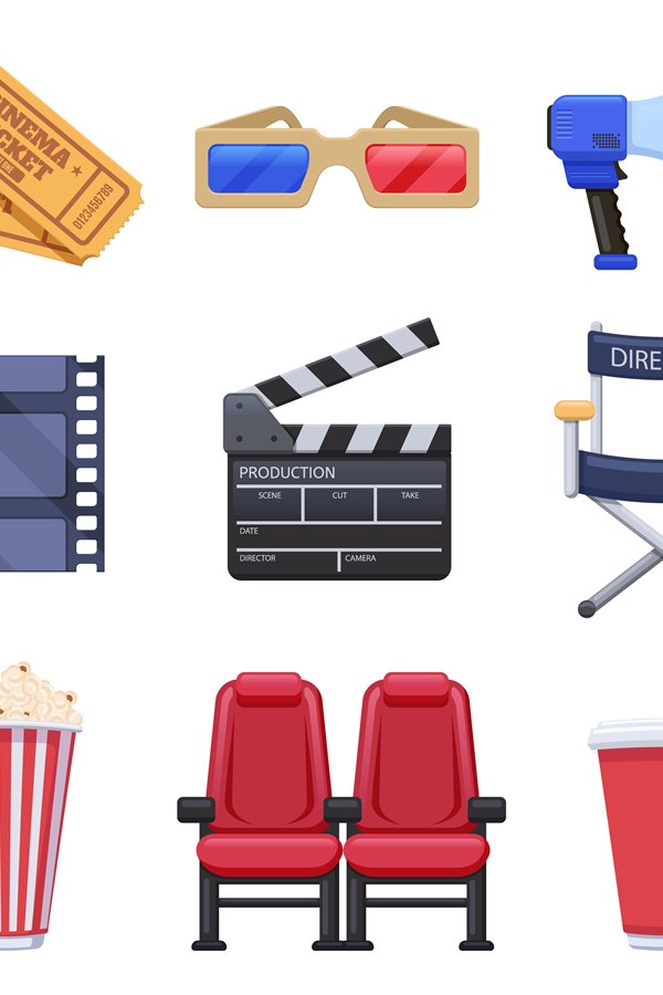 Movie theatre elements. Film production and cinema industry,