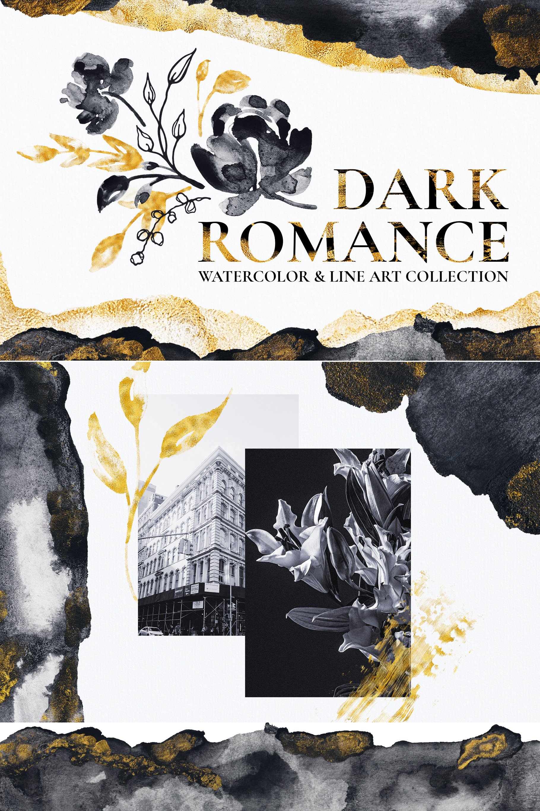 Black and Gold Watercolor Flower Illustrations and Textures