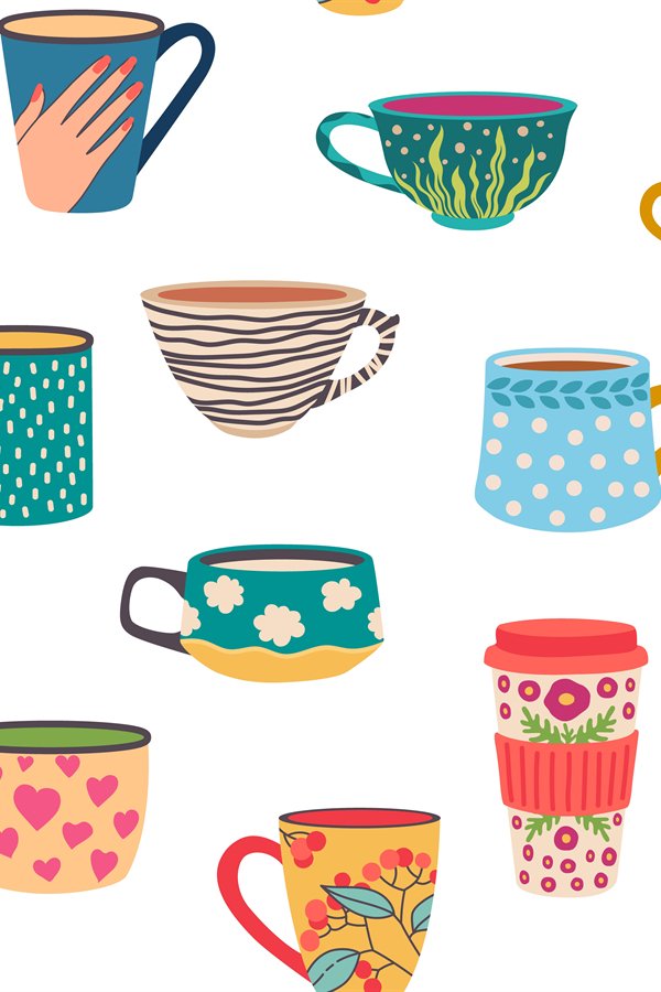 Coffee mug seamless pattern. Trendy hand drawn tea cups with