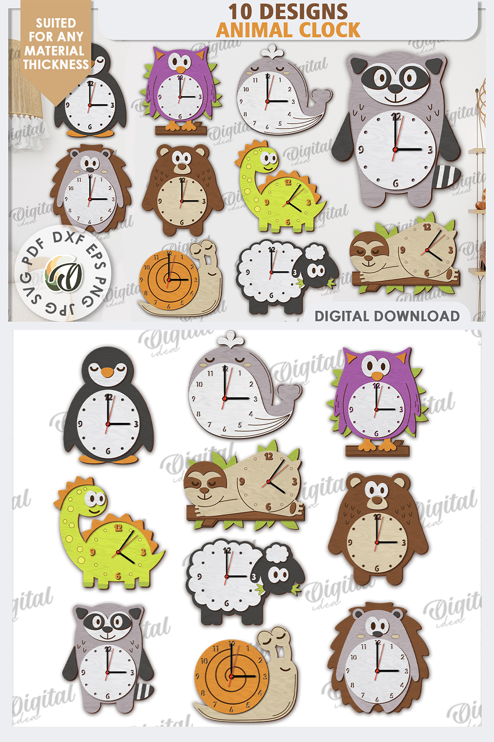 Animal Clocks Laser Cut Bundle. Wooden Wall Clocks SVG