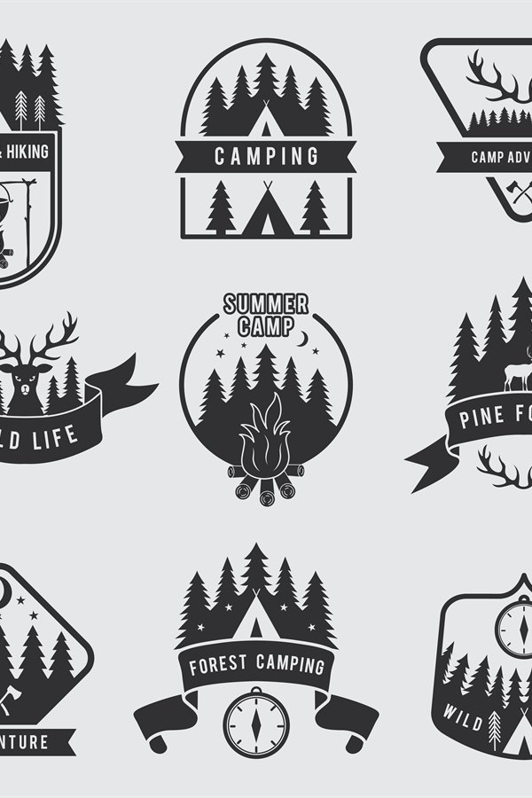 Outdoor camping labels set. Explorer monochrome badges. Adve