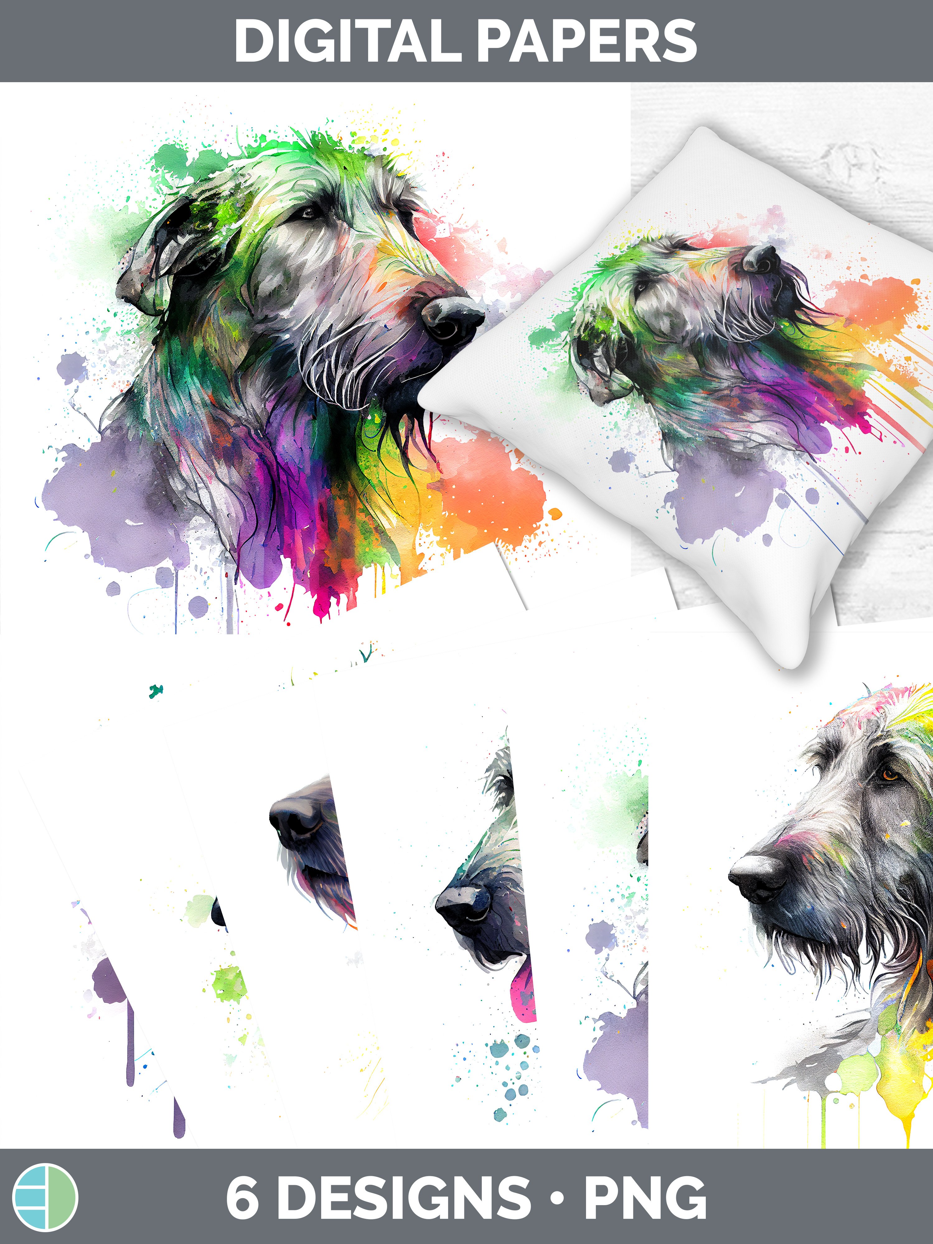 Rainbow Irish Wolfhound Dog Paper Backgrounds | Digital Scra
