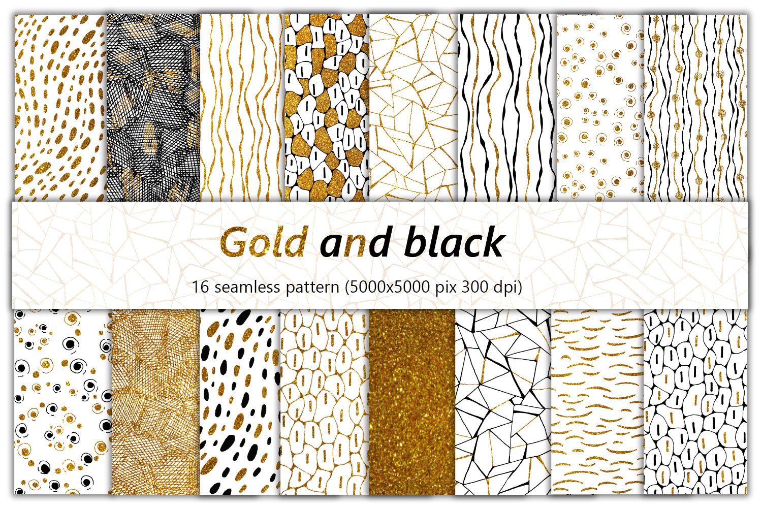 Simple seamless patterns. Big set. Digital paper gold, black