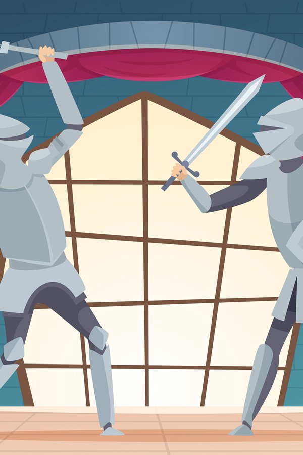 Castle interior. Medieval royals room with knight fighters v