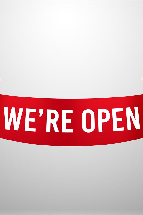 Red ribbon with We re open text. Re-opening poster, informat