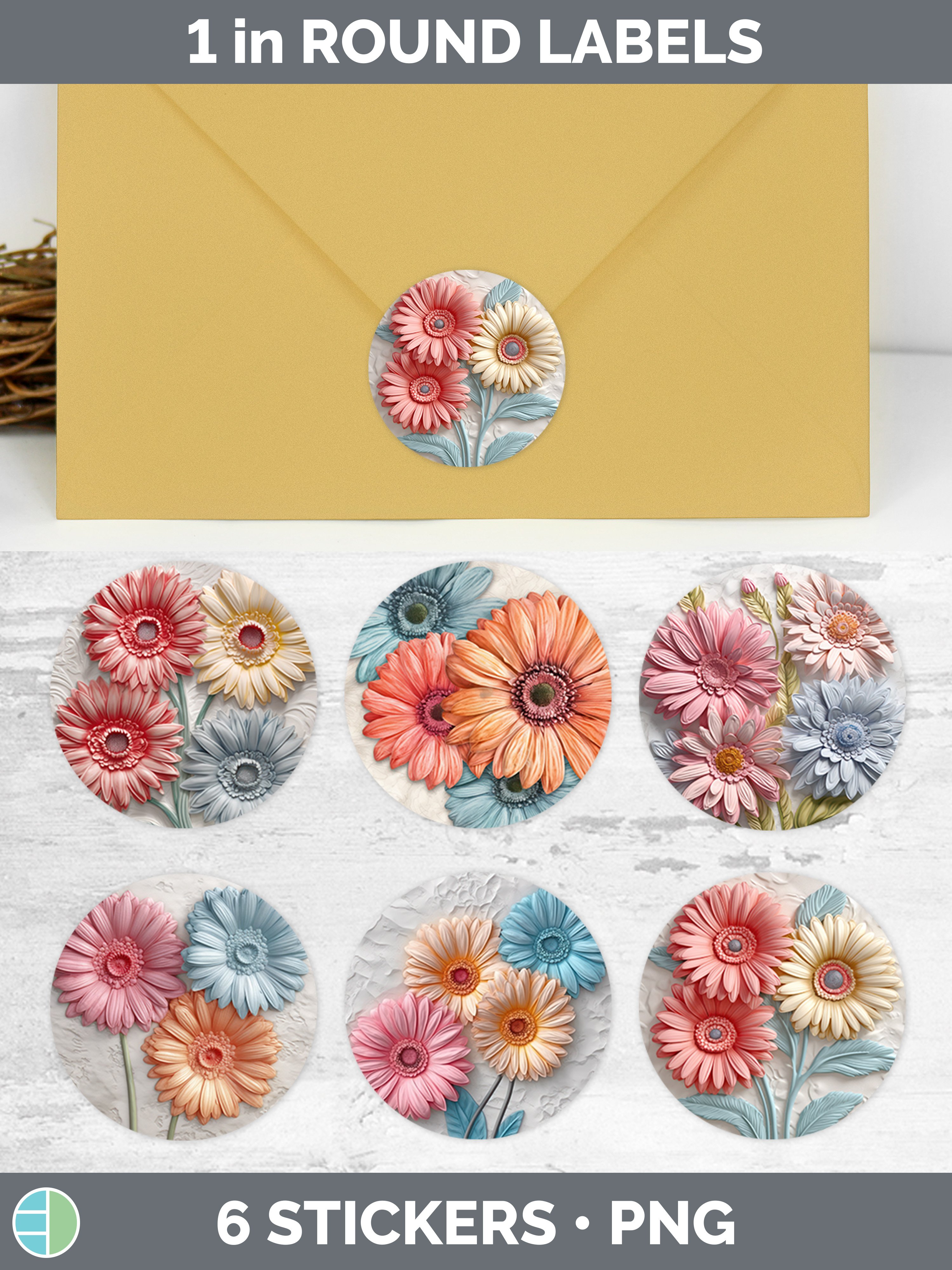3D Gerbera Daisy Flowers Stickers | Round Labels Designs Bun