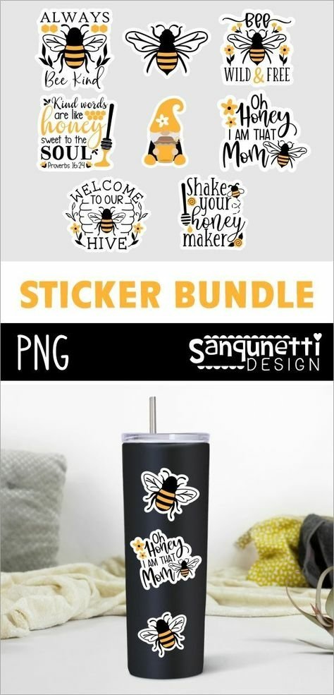 Bees sticker printable bundle - 10 PNG designs