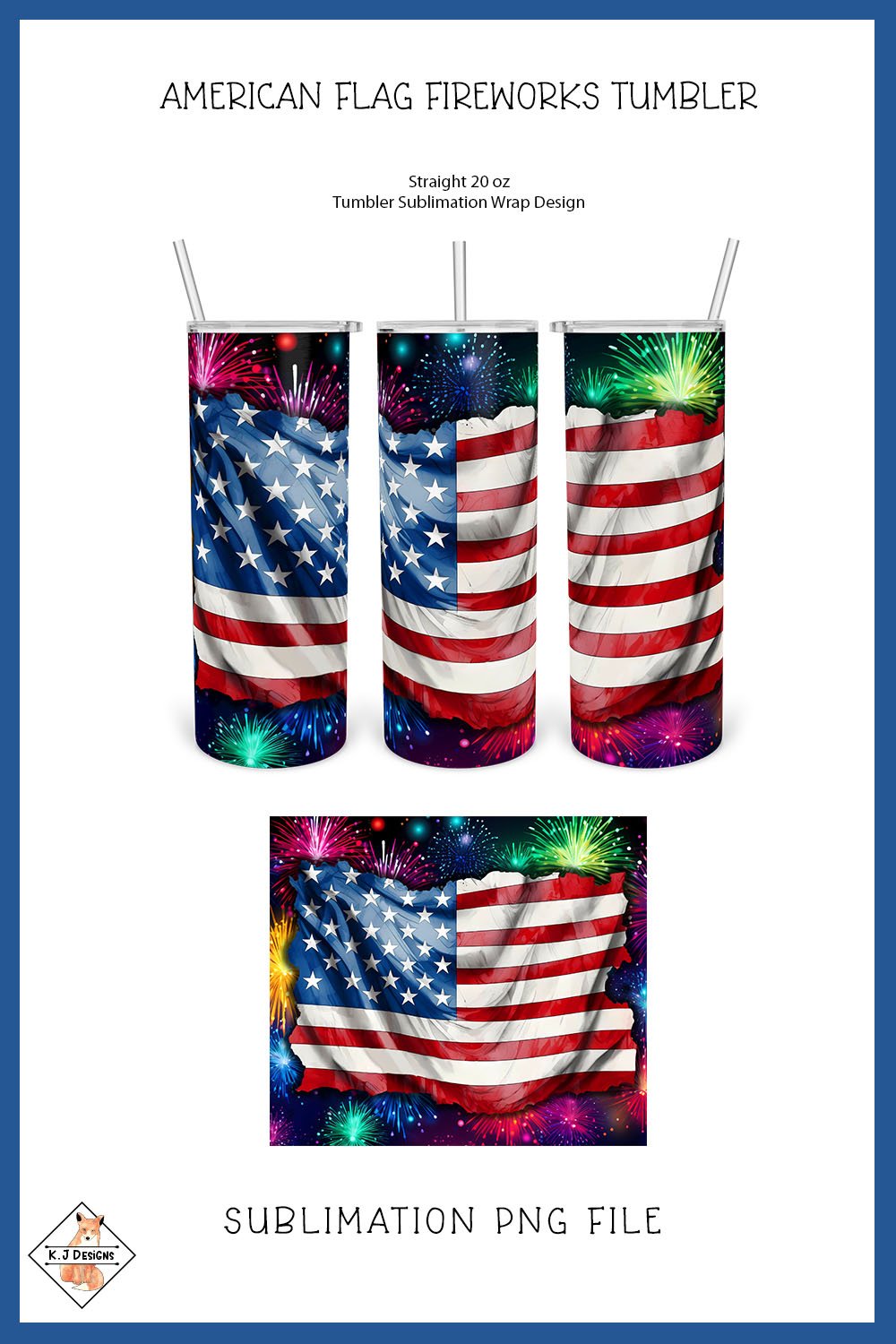 American Flag Fireworks Tumbler Sublimation Wrap
