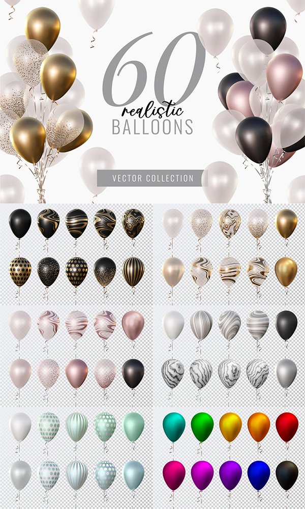 Vector Collection of 60 Realistic Balloons