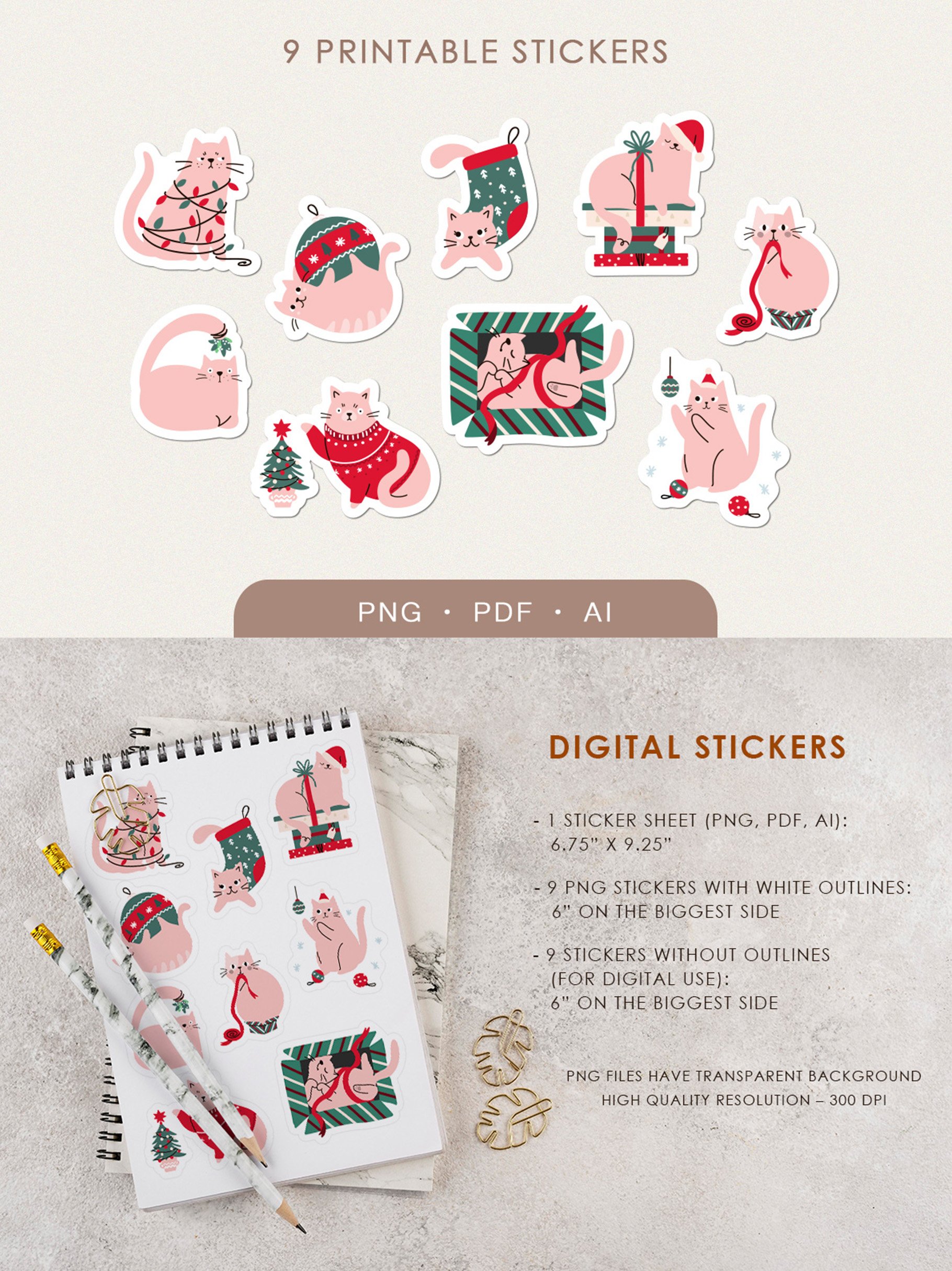 9 Christmas Cats Stickers, Printable Digital Stickers Bundle