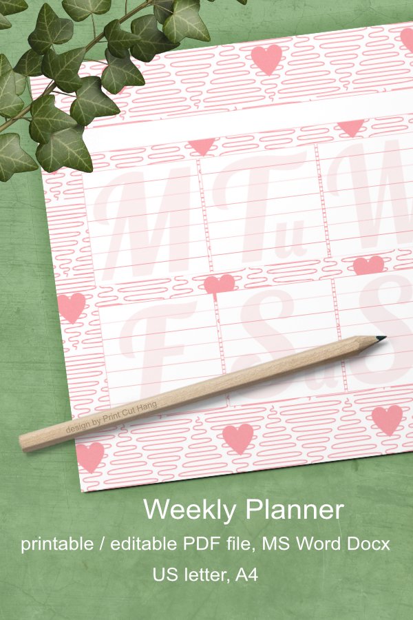 Weekly Planner Pink Hearts Printable Editable PDF Word Docx