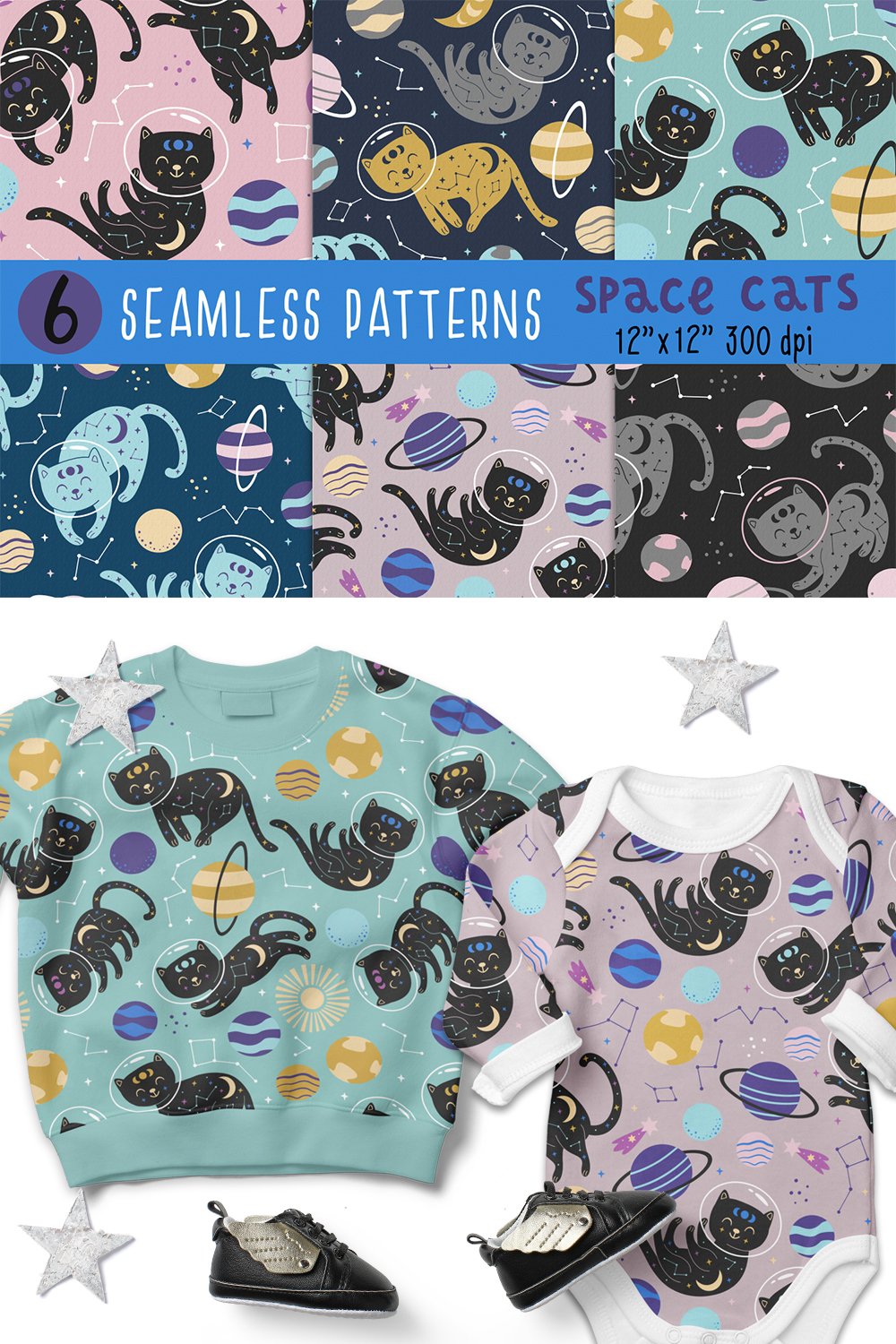 Celestial Cat Digital Paper, Space Seamless Pattern, Kitten