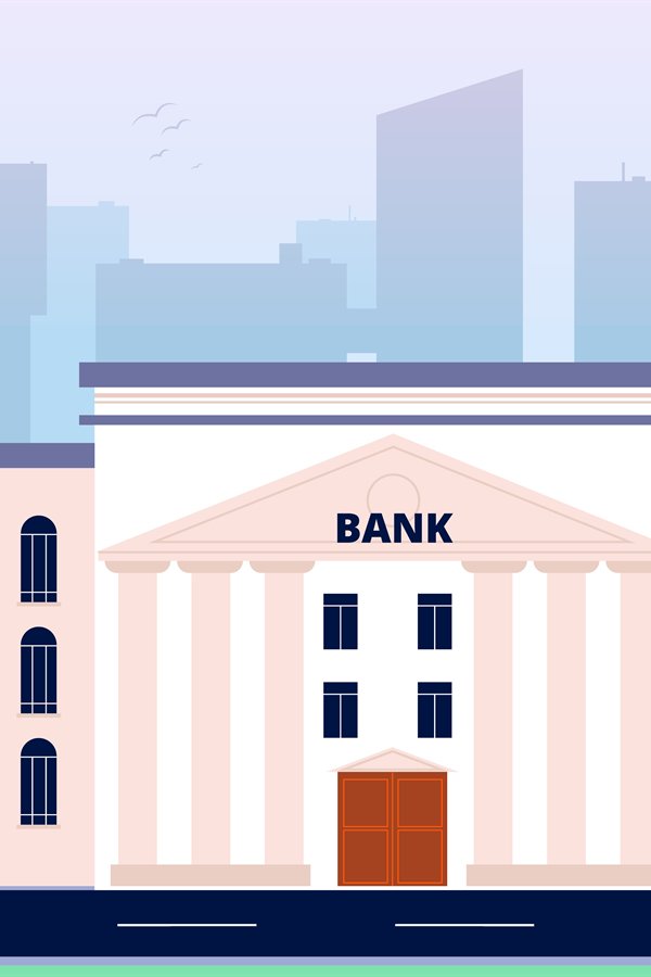 Bank in city. Business urban landscape with bank building of