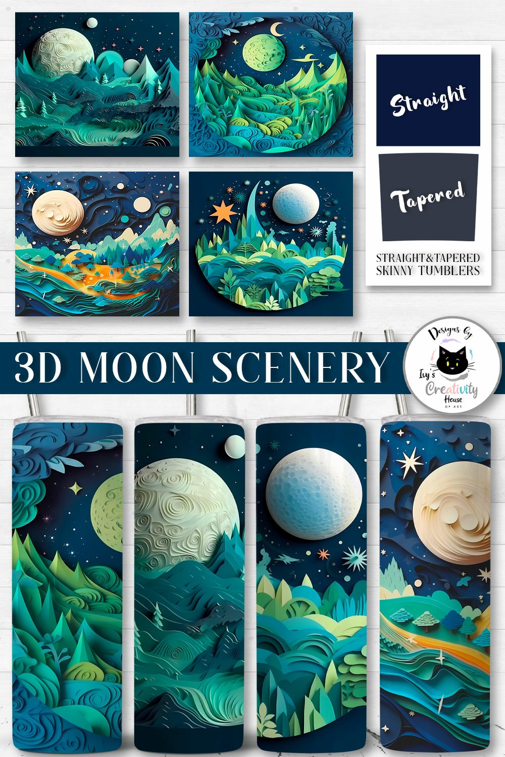 3D Moon Tumbler Wraps | Fantasy Galaxy Sublimation Designs