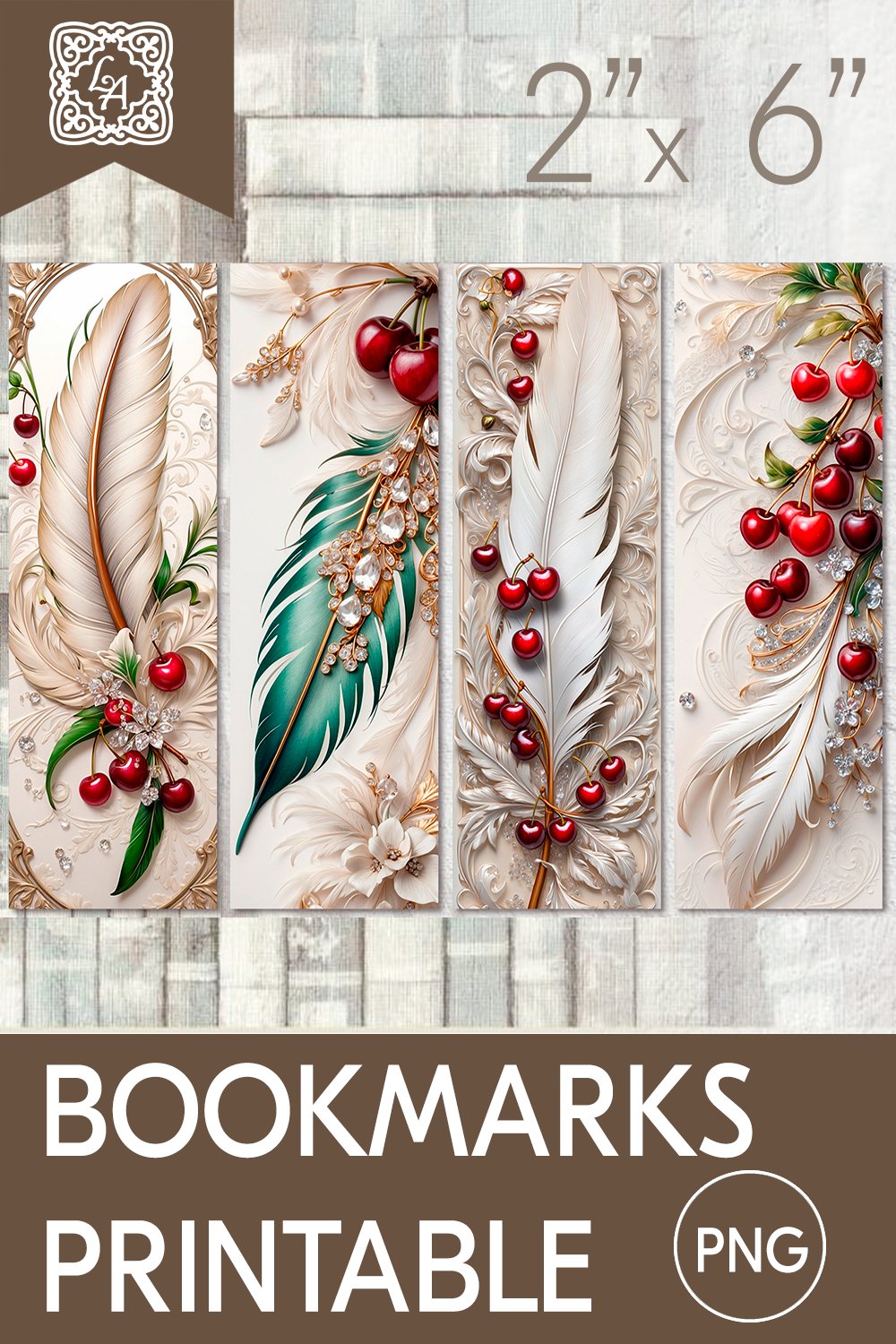 Feather & Cherry Printable Bookmark 4 PNG