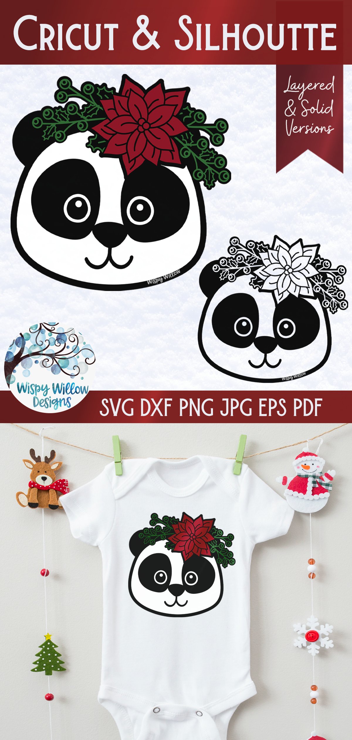Christmas Panda with Flowers SVG Cut File