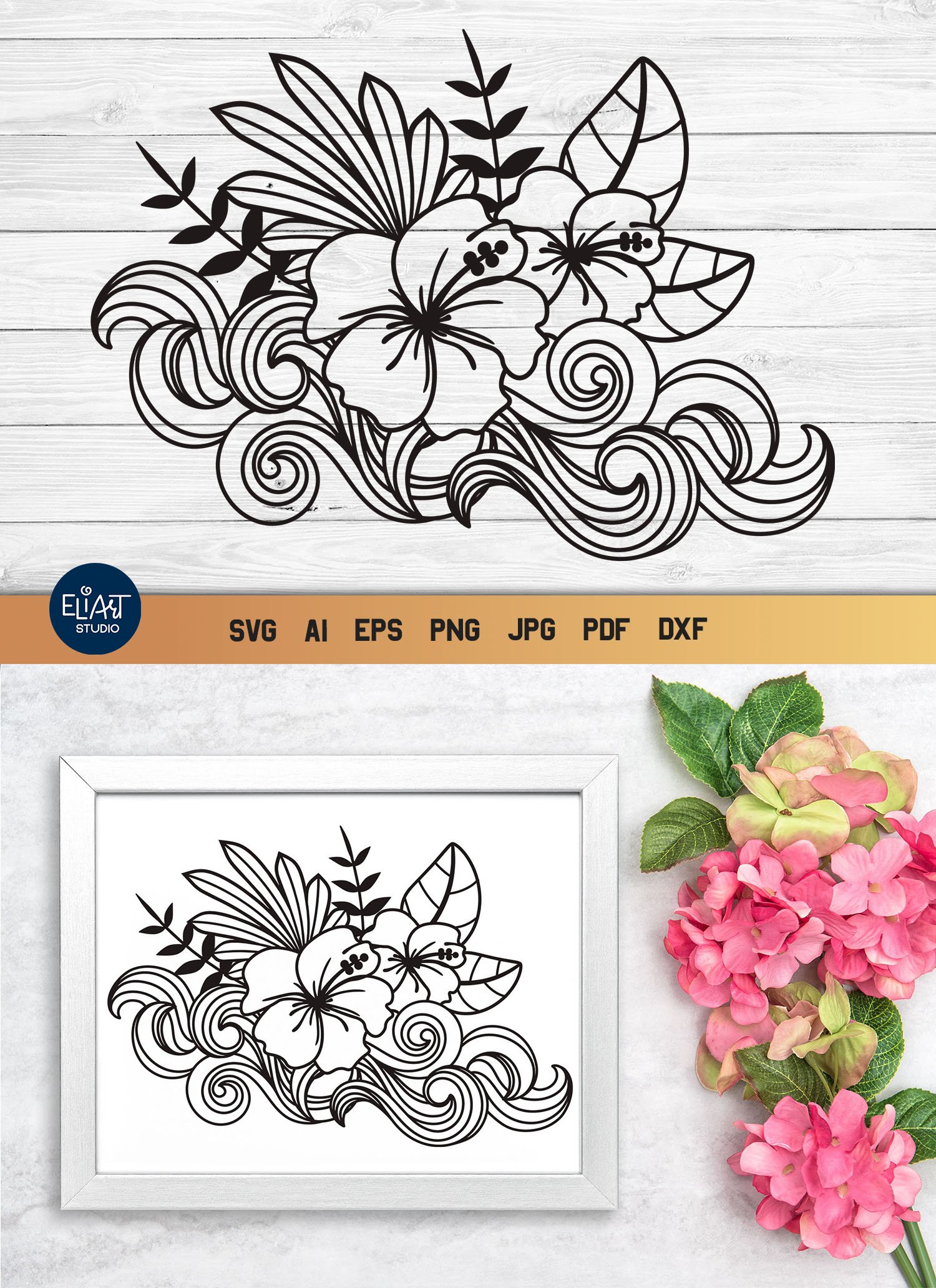 Tropical SVG Flower | Hibiscus Design with Ocean Waves