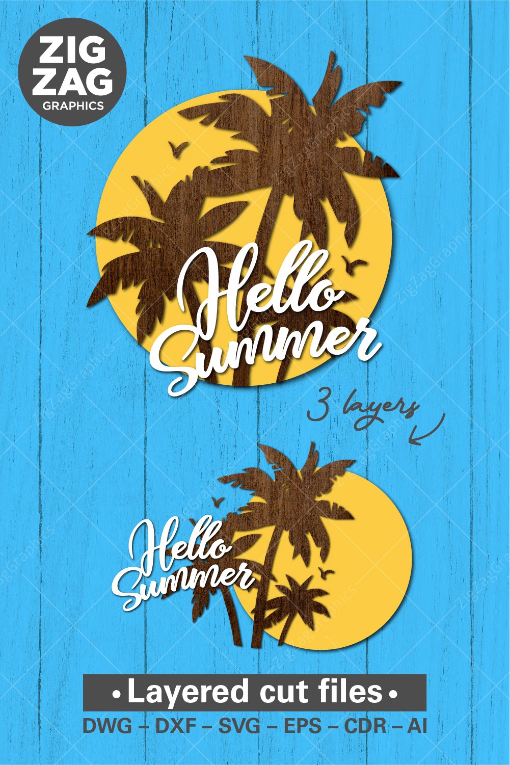 layered sign summer with palm trees and sunset svg cut file