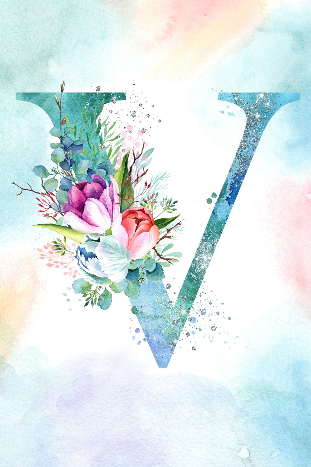 Spring Watercolor Letter. Monogram V. Sublimation Design.