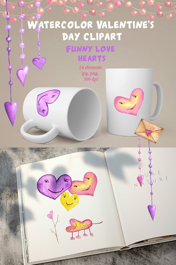 Watercolor Valentine's day clipart. Funny love hearts (1052016 ...