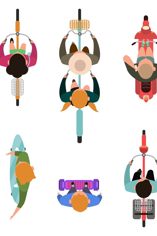 People on vehicles top view. Men and women riding motorcycle