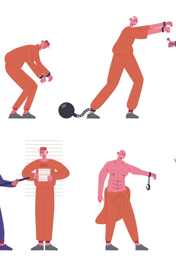 Inmates characters. Prisoners in prison uniform serving time