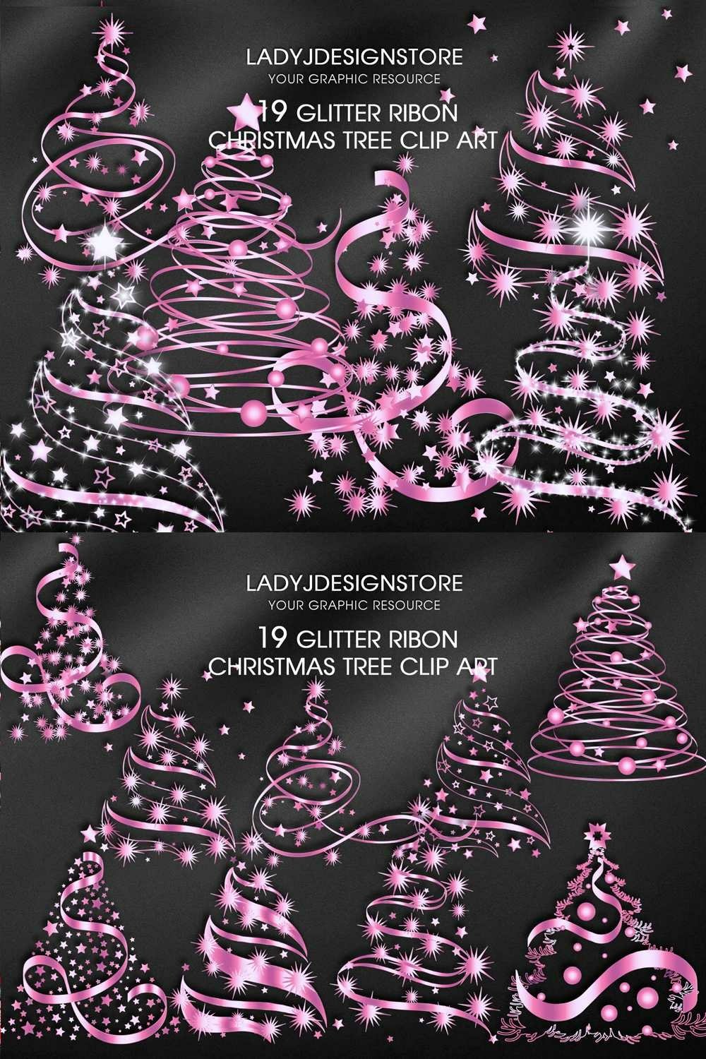 Pink Ribbon Sparkle Christmas Tree Clip Art in PNG format