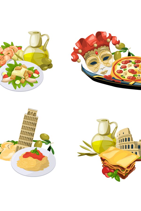 Vector cartoon italian cuisine elements isolated on white