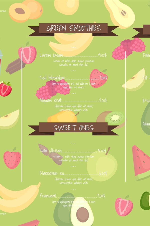 Vector flat smoothie cafe or restaurant menu template illust
