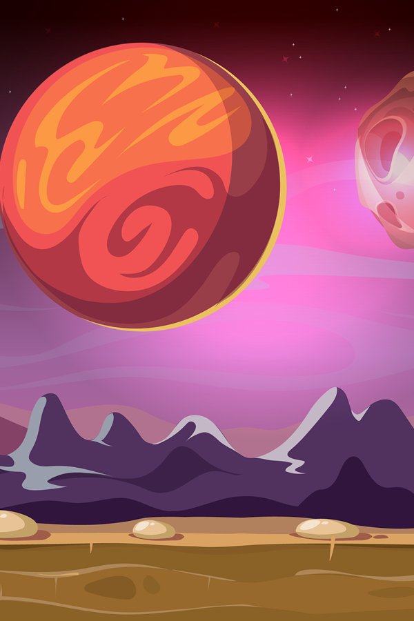 Cartoon alien fantastic landscape with moons and planets on