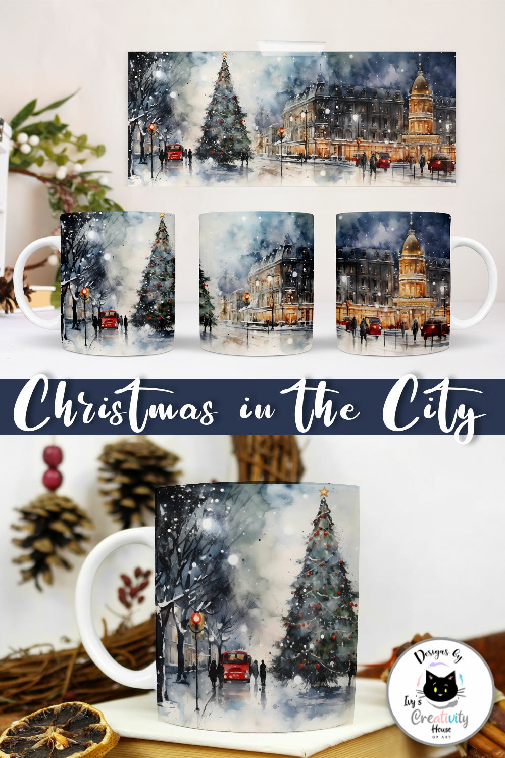 Watercolor Winter Mug Design | Christmas Tree Wrap