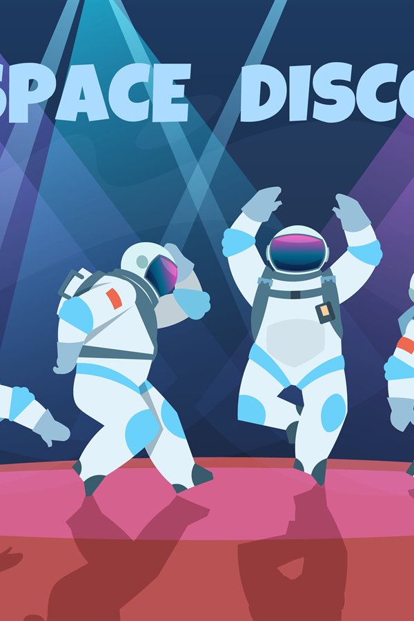 Party astronauts. Retro dancing spaceman, disco entertainmen