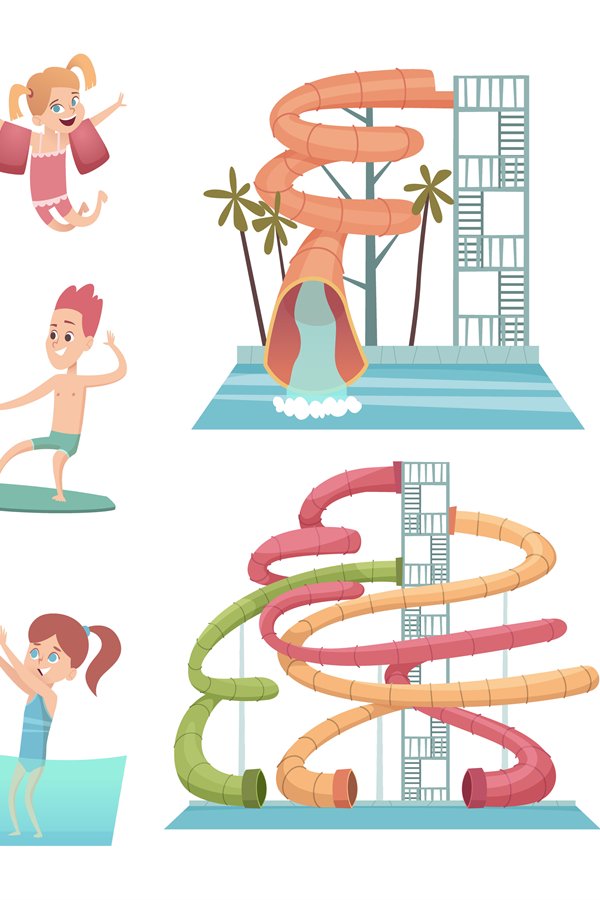 Water park. Pool slides aqua attractions for kids swimming a