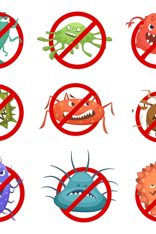 Red round signs with different bacteria and germs. Vector ca