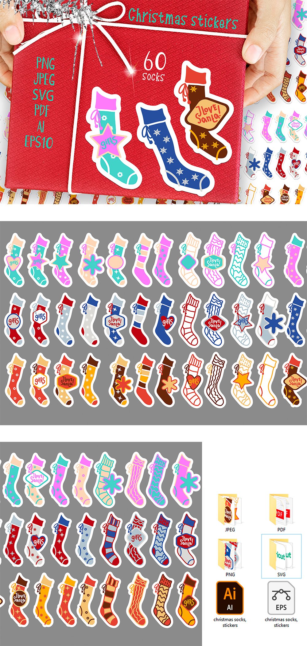 60 Stickers-Label Tags-SVG /Christmas socks, doodle