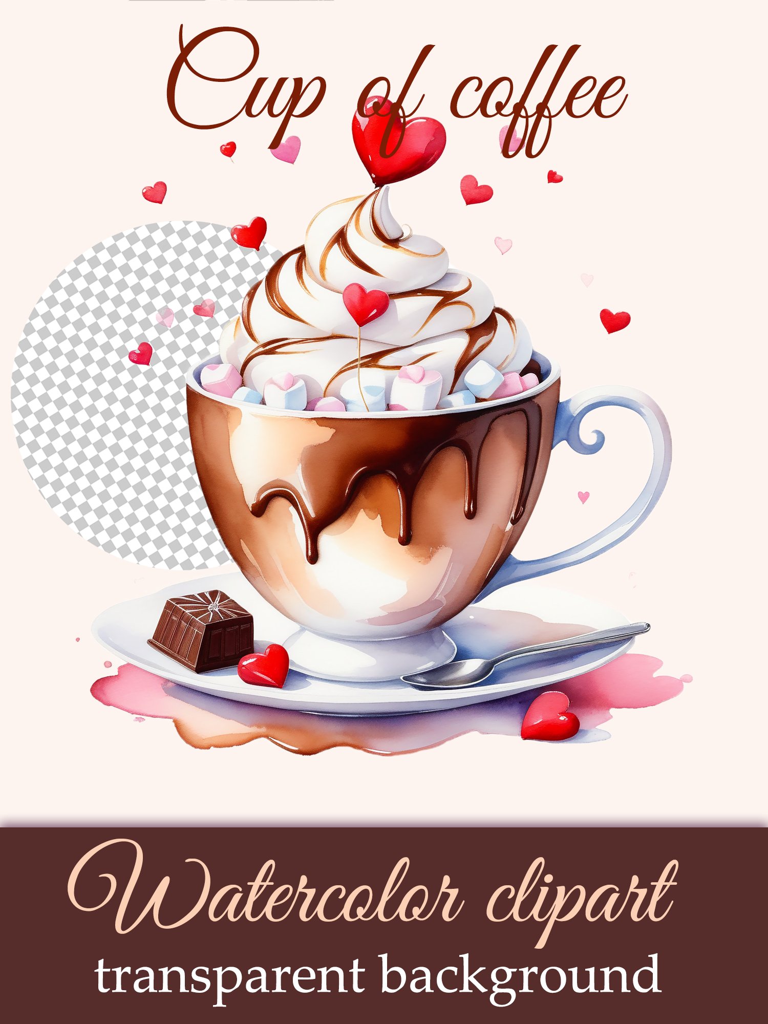 Watercolor Coffee Cup Clipart with Hearts Png file