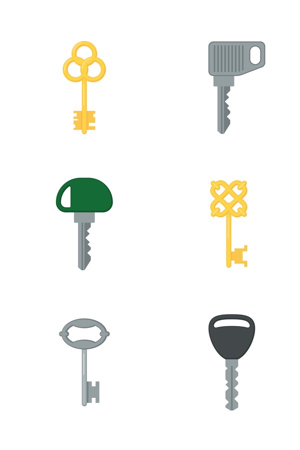Cartoon keys. Colored flat different shapes keys, ancient an