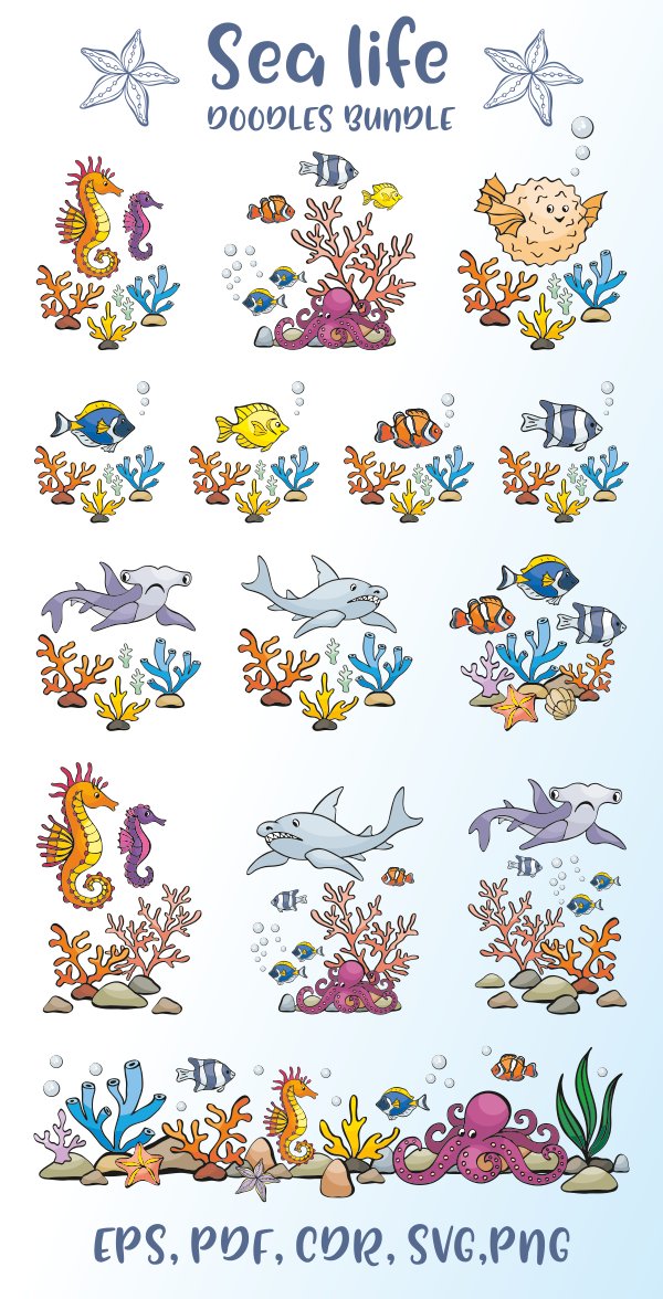 Sea life. Doodles bundle.