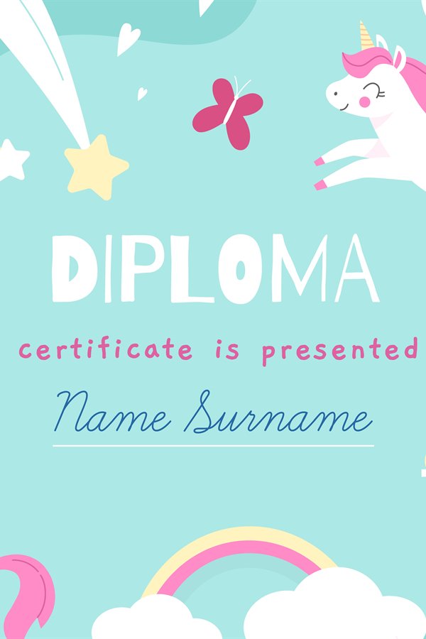 Unicorns frame. Kids diploma template with magic items, fair