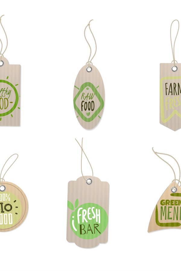 Paper tags. Food store labels with logo of healthy farm prod