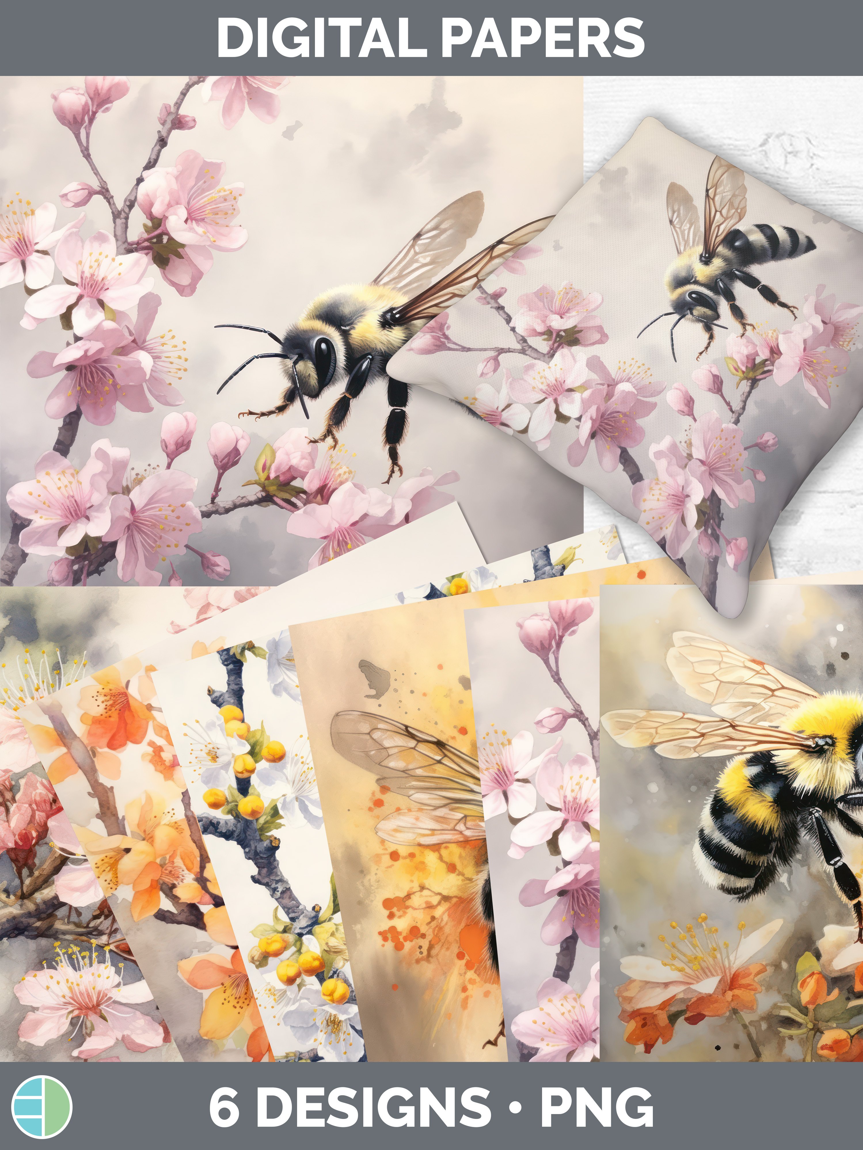 Japanese Watercolor Bees Paper Backgrounds | Digital Scrapbo