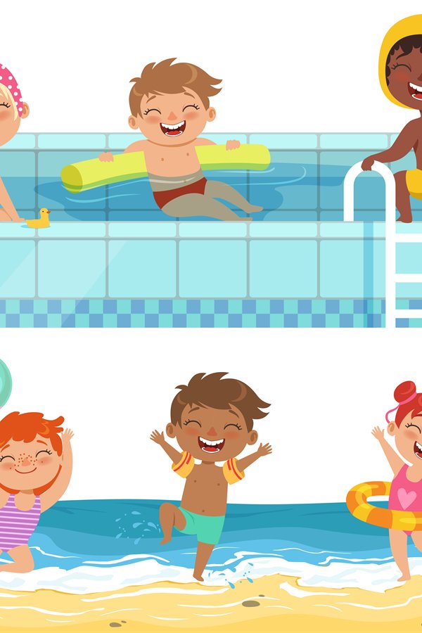 Summer water games in aquapark. Cartoon illustrations of fun